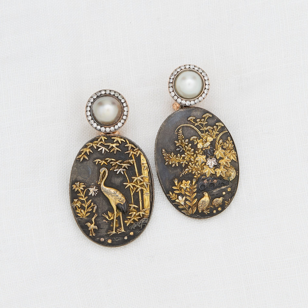 Natural Pearl, Diamond & Shakudo Earrings– McTeigue Since 1895