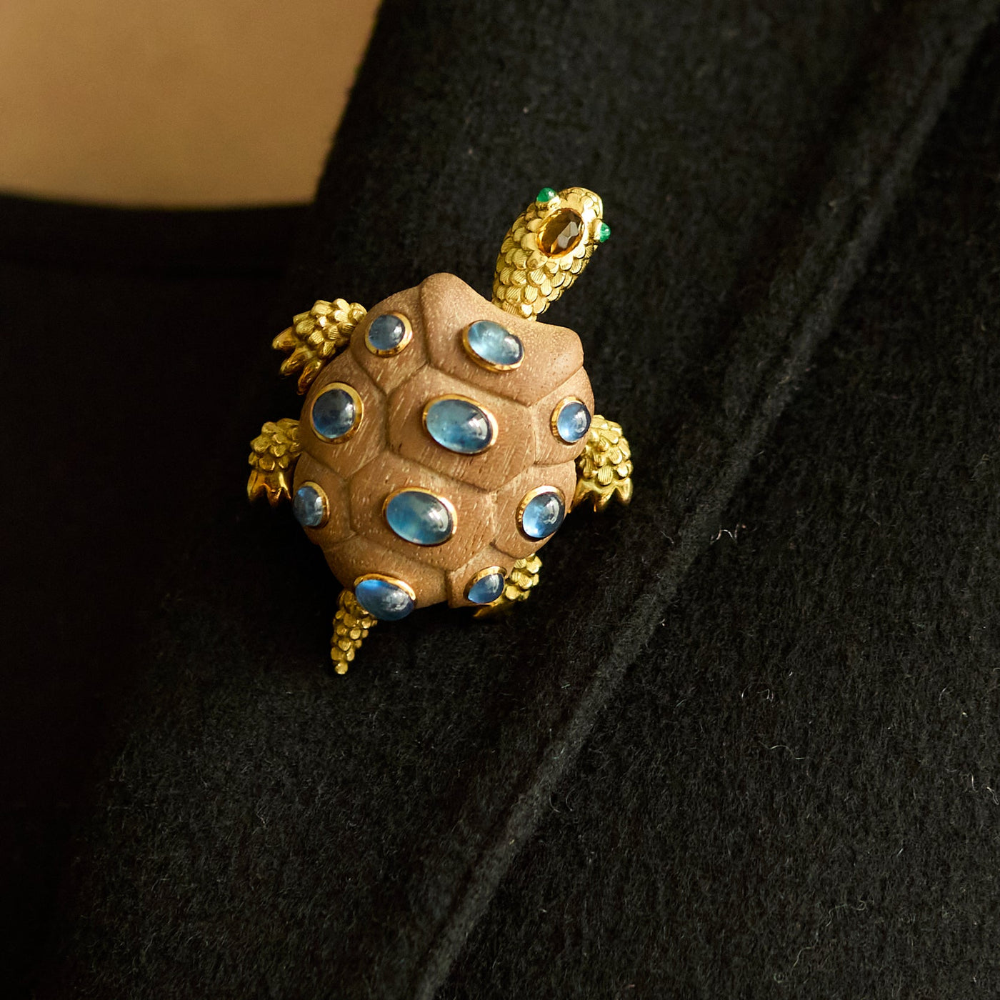 Sapphire, Citrine, Emerald and Gold Wooden Turtle Pin– McTeigue Since 1895