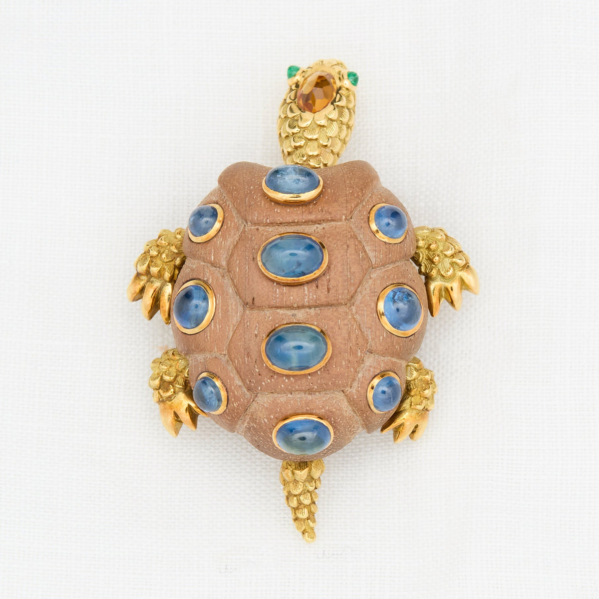 Sapphire, Citrine, Emerald and Gold Wooden Turtle Pin– McTeigue Since 1895